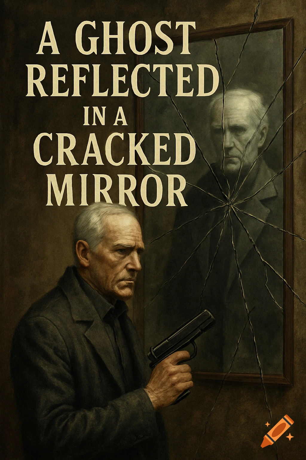 A man with a gun looks left, his reflection in a cracked mirror looks ...