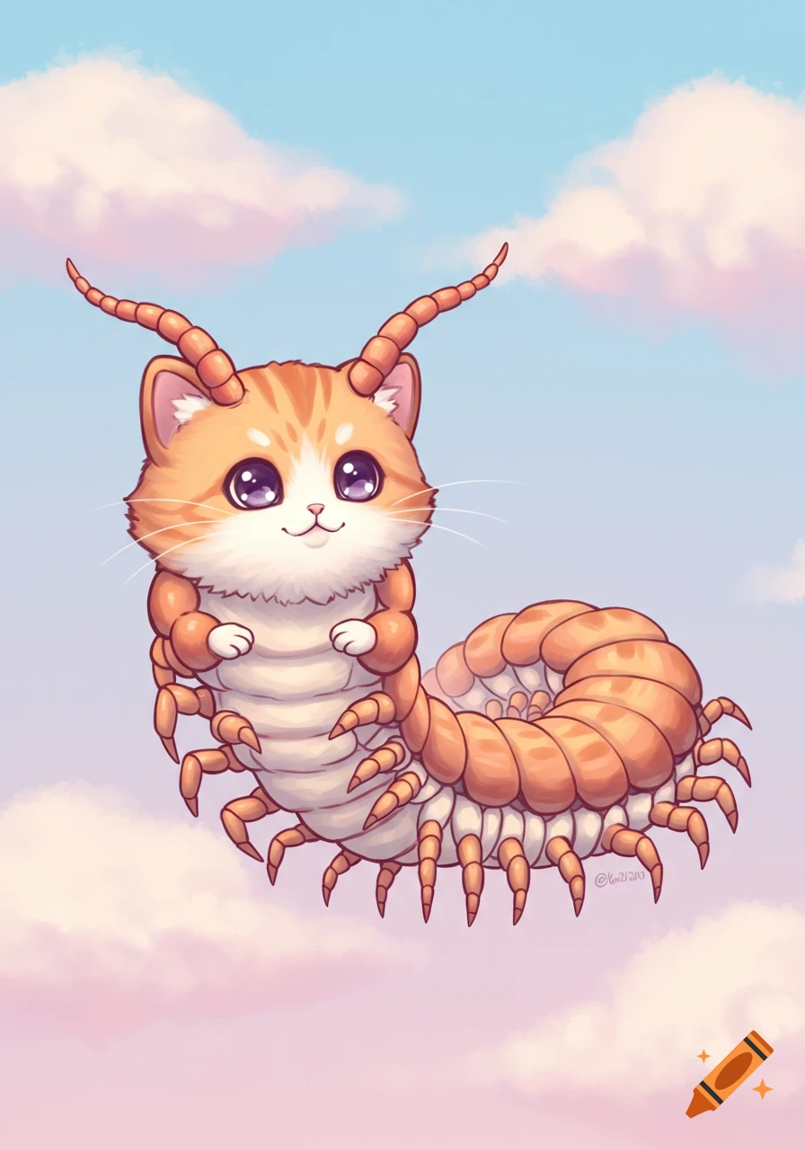 Cute cartoon cat head on a centipede body floating in a cloudy sky. on ...