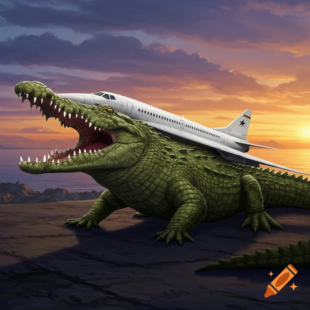 A giant crocodile with a jet on its back stands on land by the water at ...