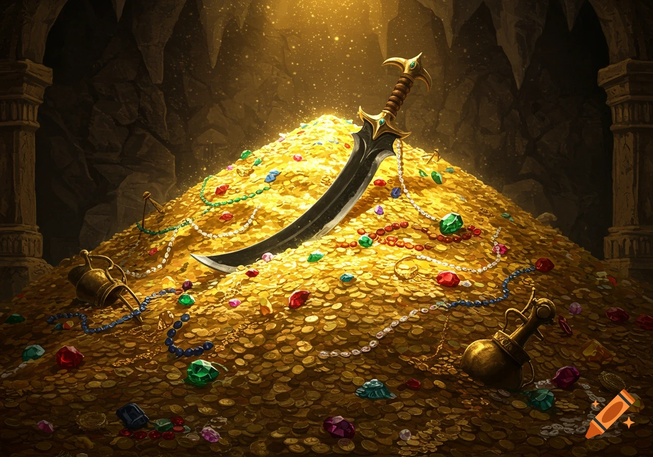 A massive pile of gold coins and colorful jewels in a dark cavern, with ...