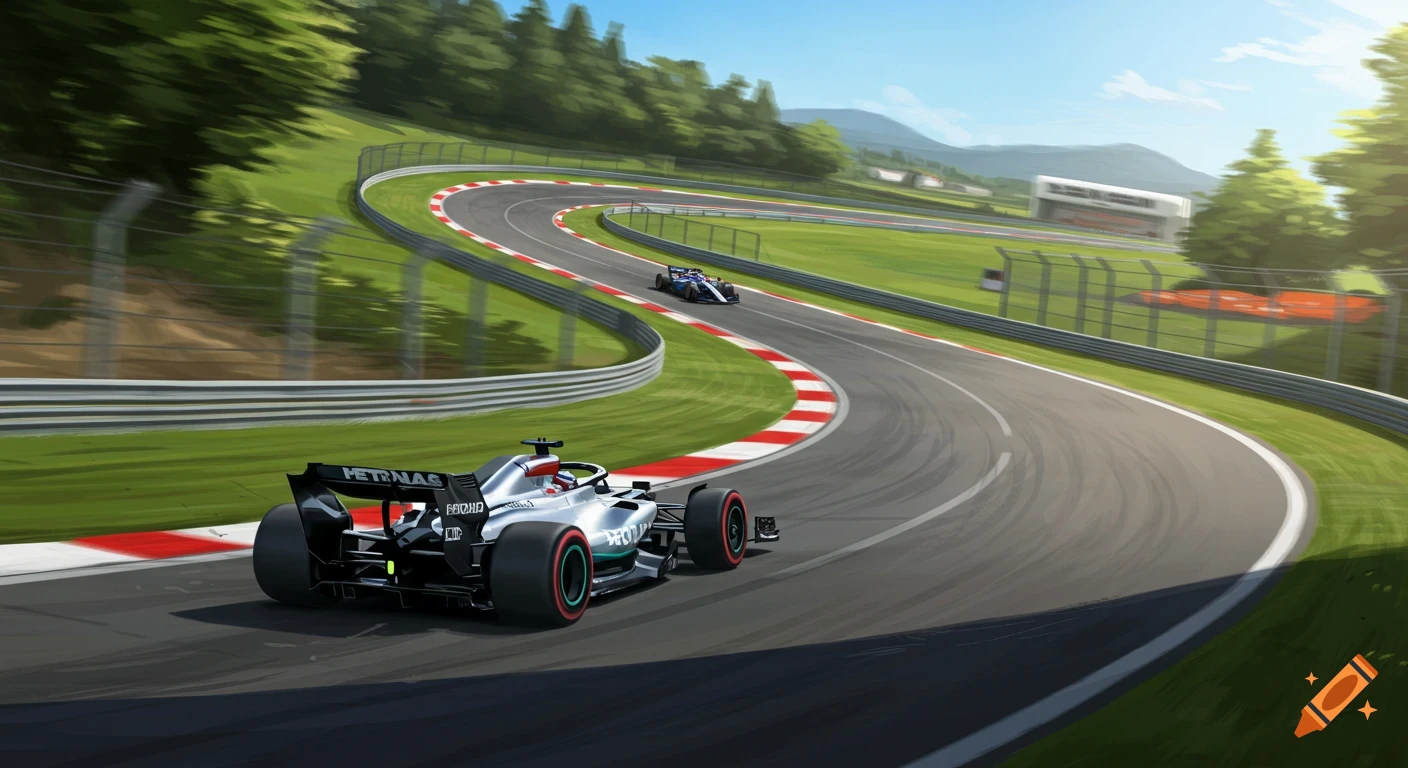Illustration of F1 cars racing on a winding track through green hills ...