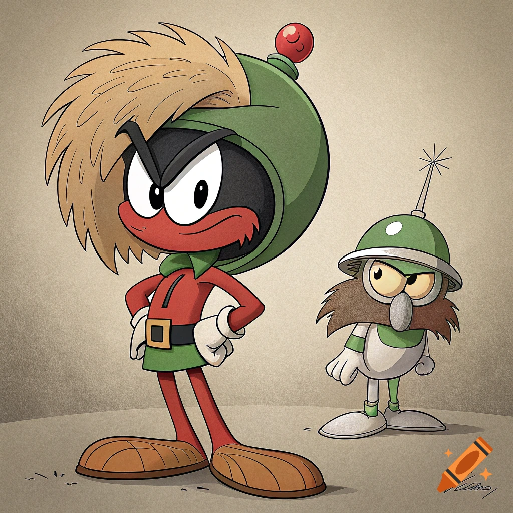 Cartoon depiction of Marvin the Martian with fluffy hair standing next ...