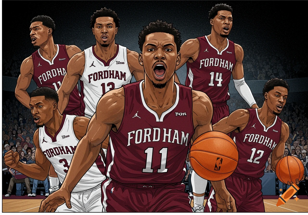 Stylized illustration of basketball players in Fordham uniforms on a ...