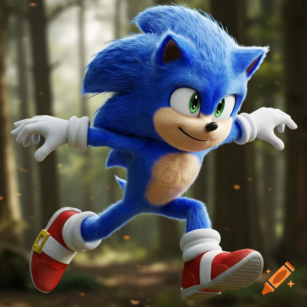 Realistic CGI render of Sonic the Hedgehog running through a forest on ...