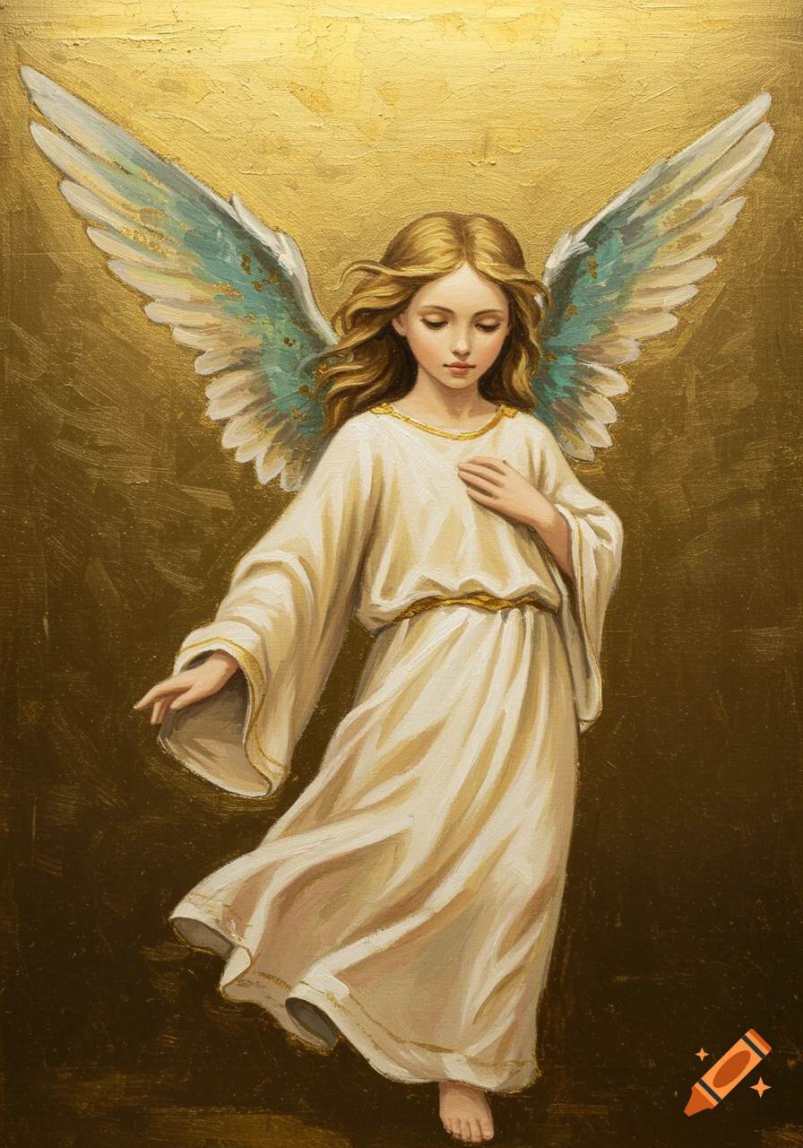 Oil painting of an angel in a robe with wings against a gold background ...