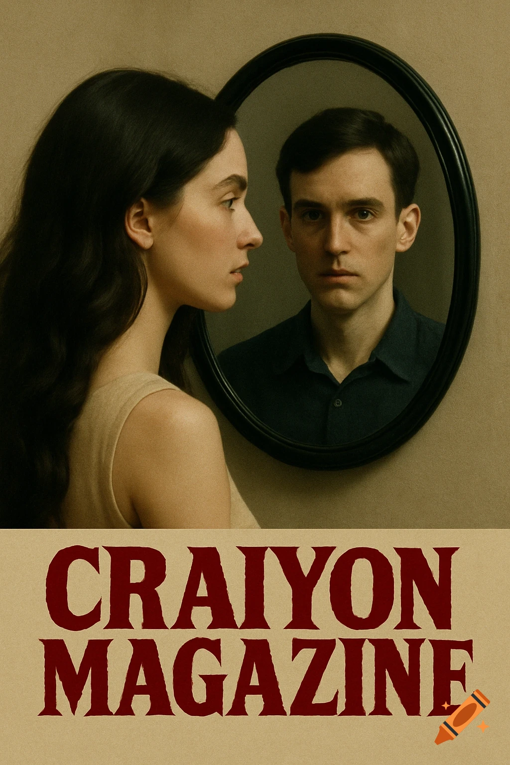A woman looks at a mirror reflecting a man, with the text 'CRAIYON MAGAZINE' below. on Craiyon
