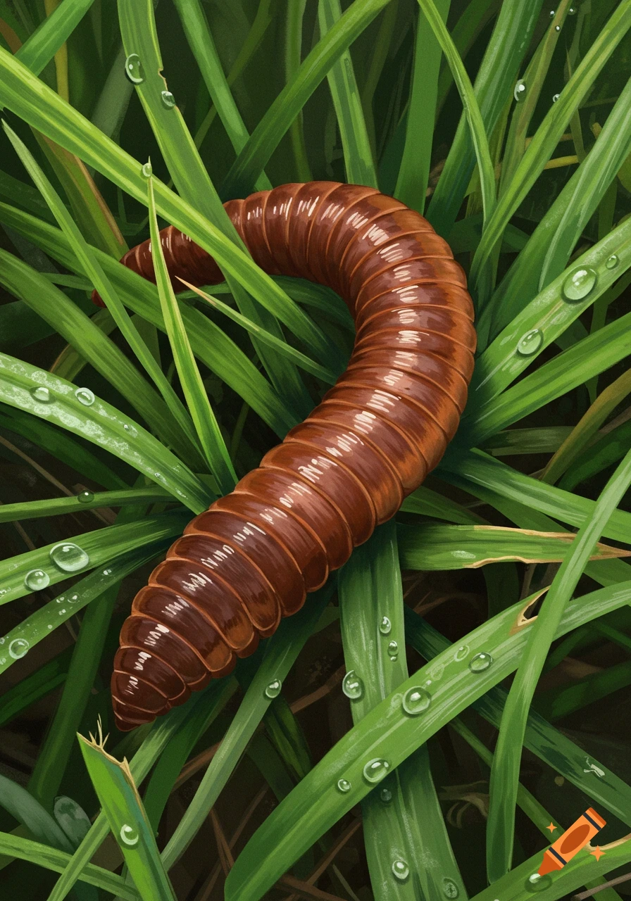 Close-up of a brown segmented worm on green grass with water droplets ...