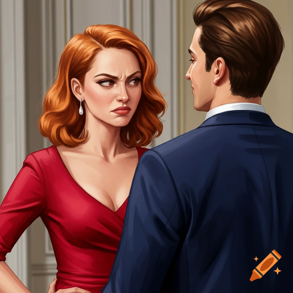Illustration of a woman with red hair in a red dress looking angrily at ...