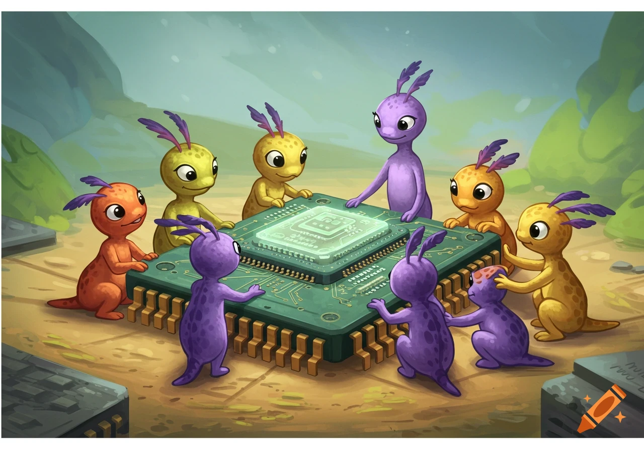 Cartoon aliens gather around a large computer chip in a sandy landscape ...