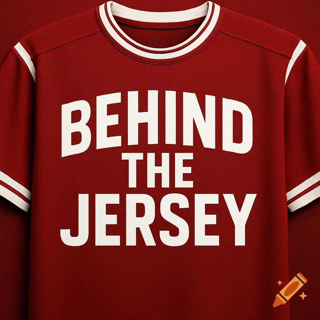 Close-up of a red jersey with white text 'BEHIND THE JERSEY' on Craiyon