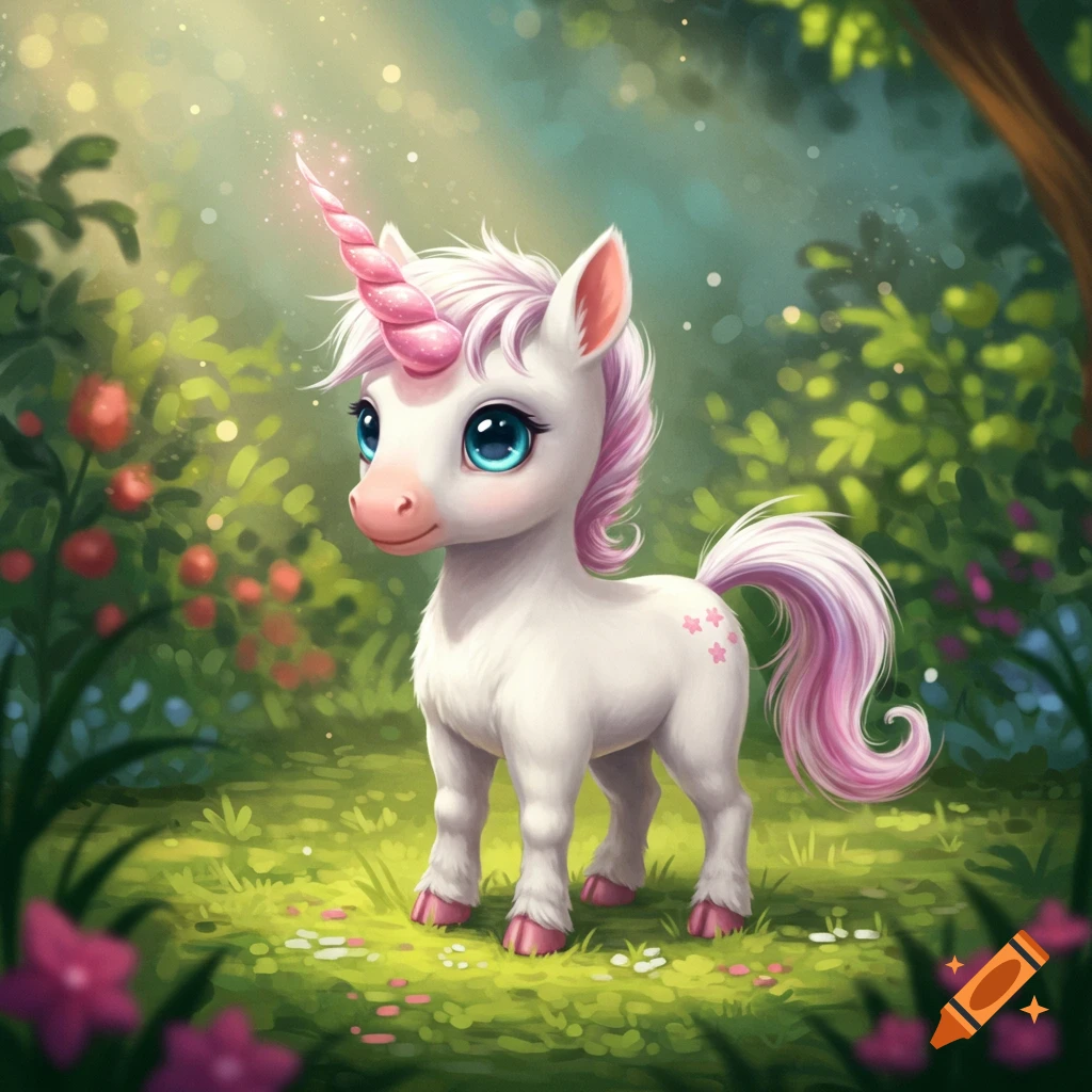 A cute, pink and white baby unicorn stands in a sunny forest clearing. on Craiyon