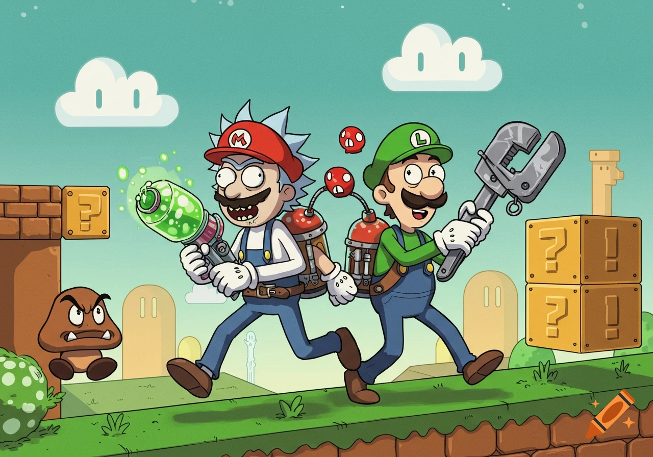 Cartoon illustration of Rick and Morty dressed as Mario and Luigi ...