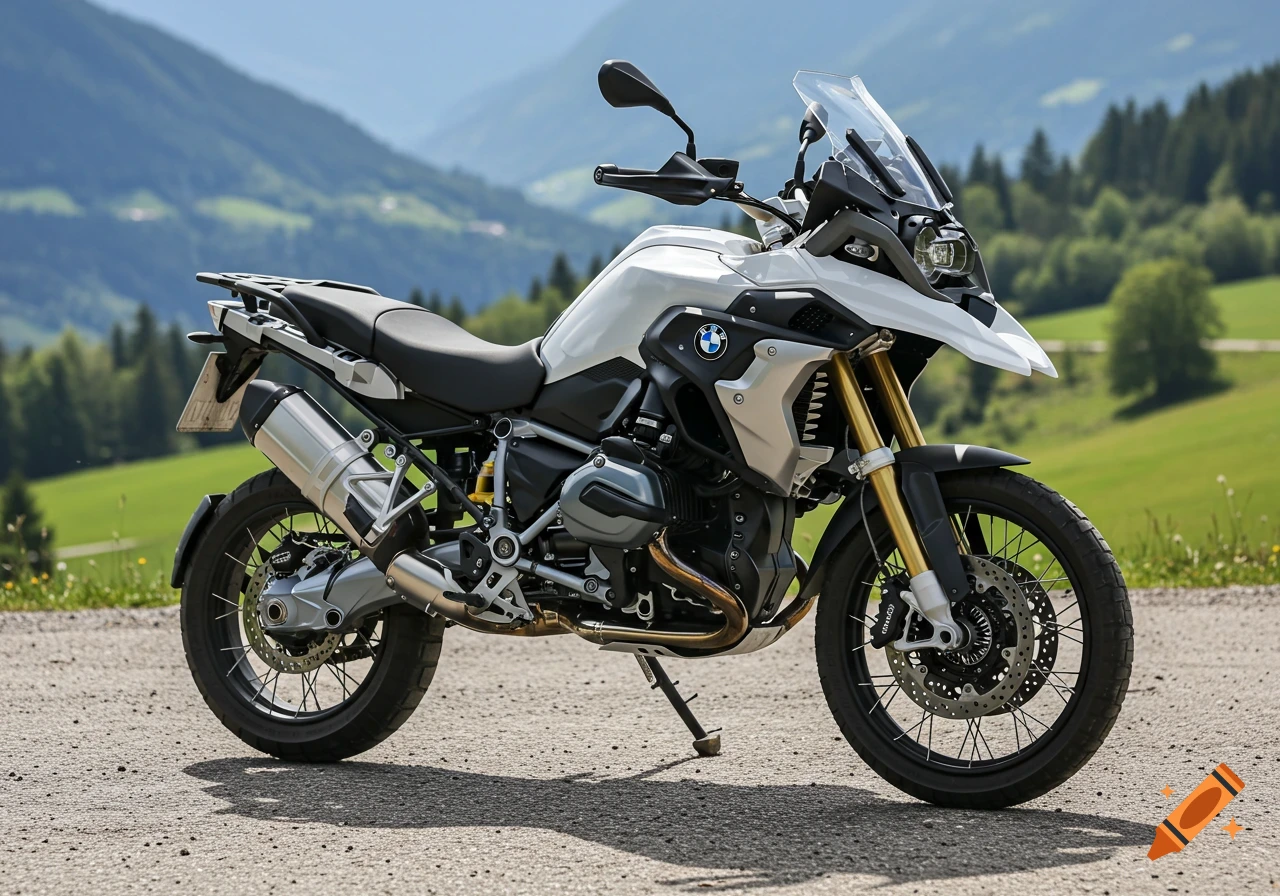 A white and silver BMW motorcycle parked on a road in a mountainous ...
