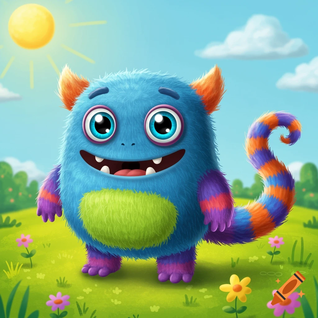 A friendly blue fuzzy cartoon monster with big eyes stands in a sunny ...