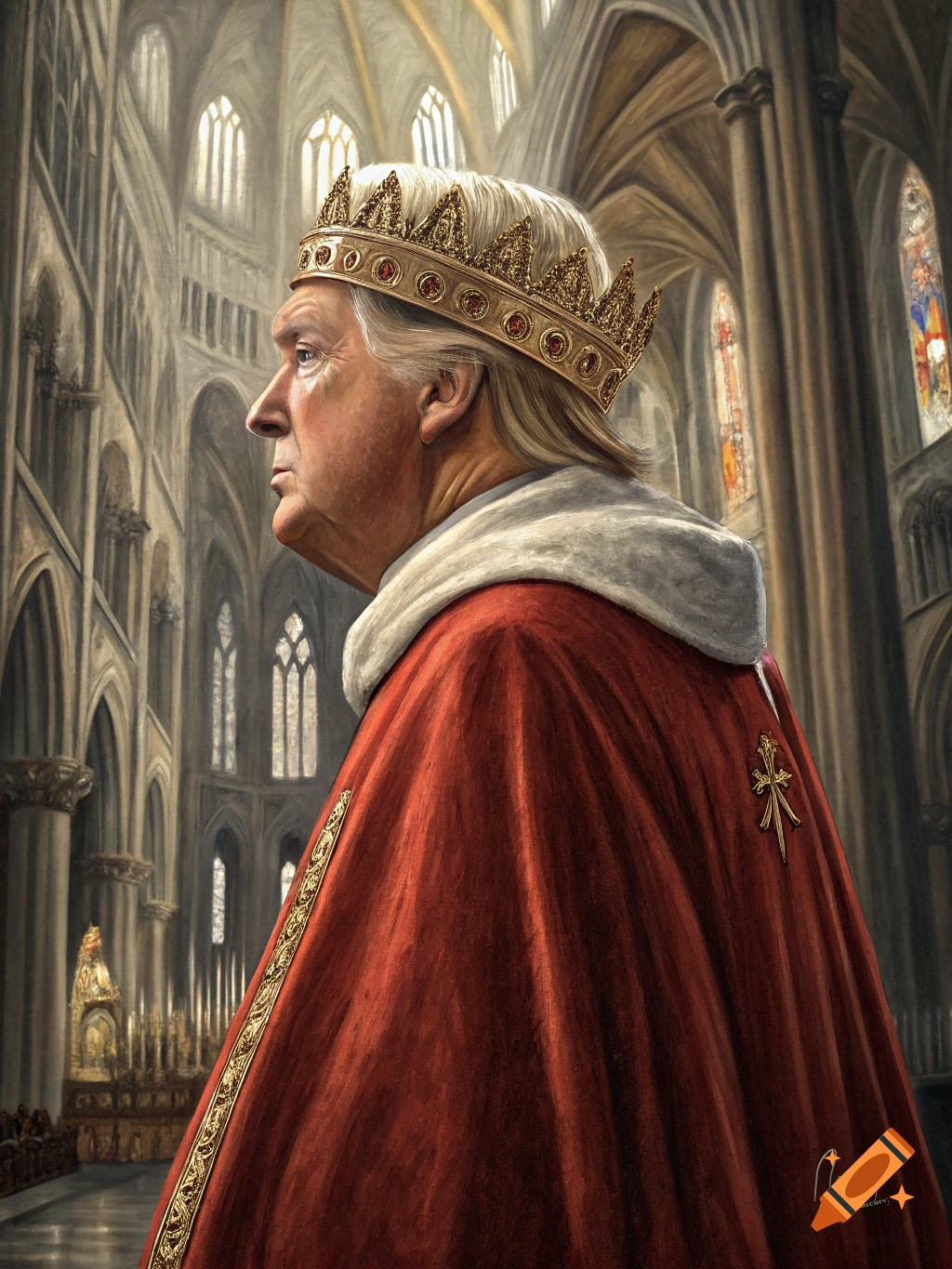 Portrait of Donald Trump in a golden crown and red cape inside a grand ...