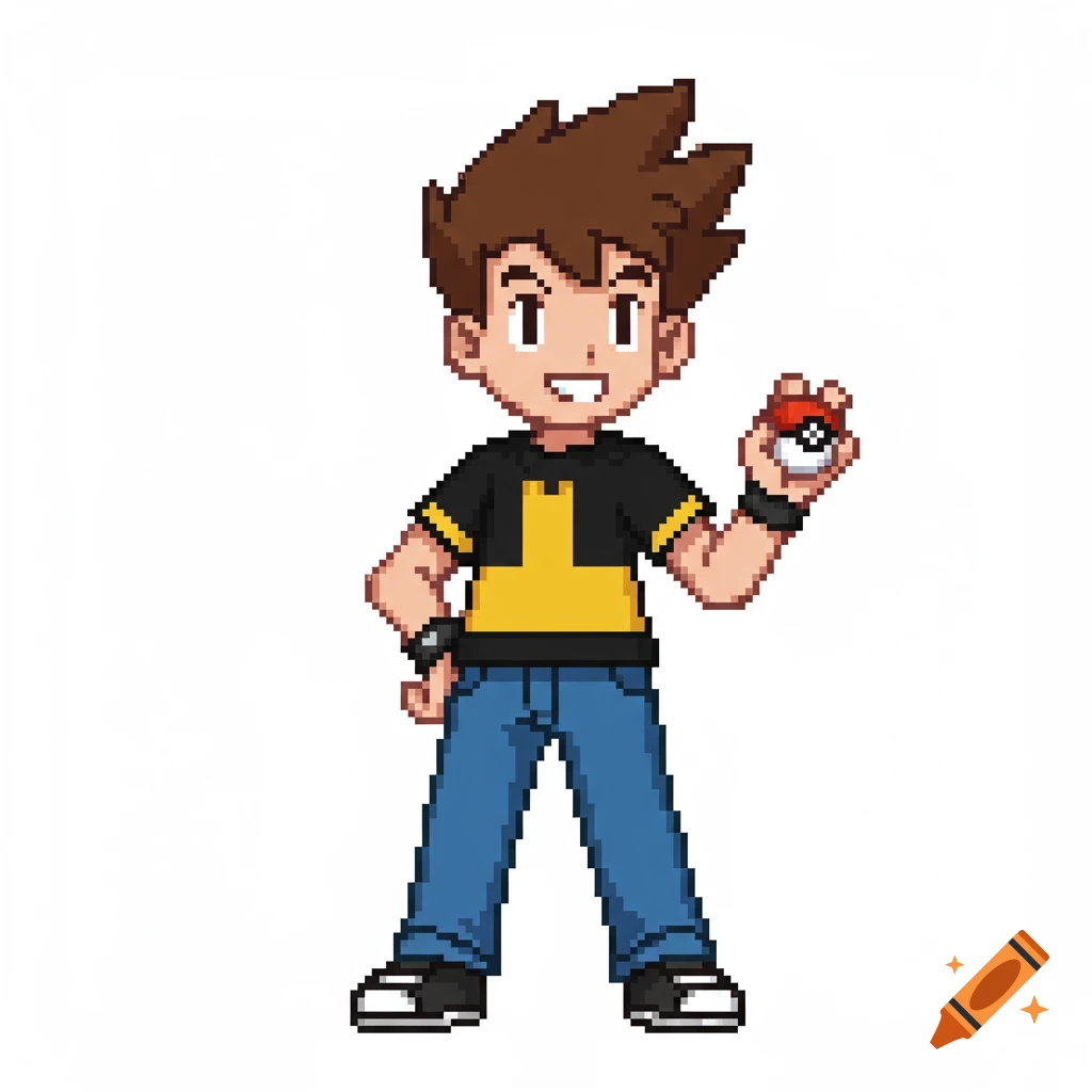 Pixel art of a young boy, a pokemon trainer, holding a pokeball on Craiyon