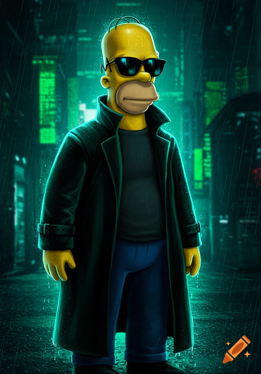 Homer Simpson dressed as Neo from The Matrix stands in a rainy ...