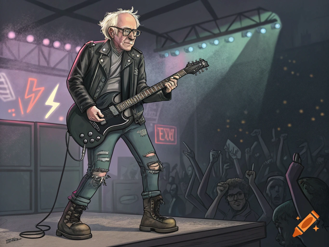 Illustration of Bernie Sanders playing a guitar on a punk rock stage on ...