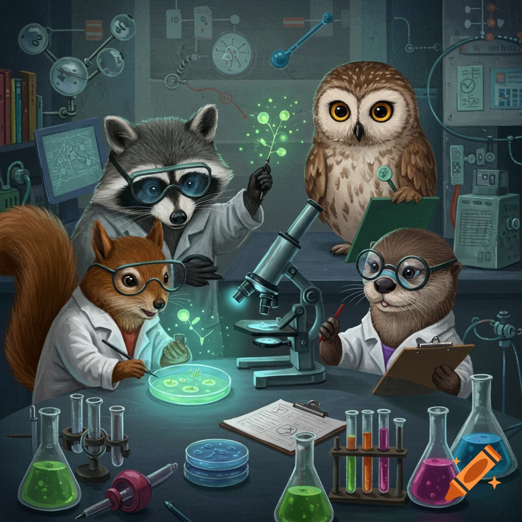 Illustration of a raccoon, squirrel, owl, and otter in lab coats ...