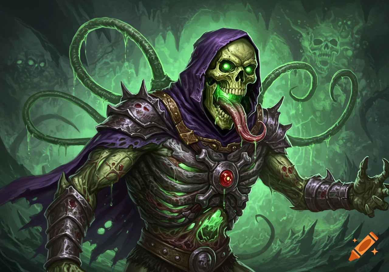 Skeletal creature with glowing green eyes and slime in dark fantasy ...