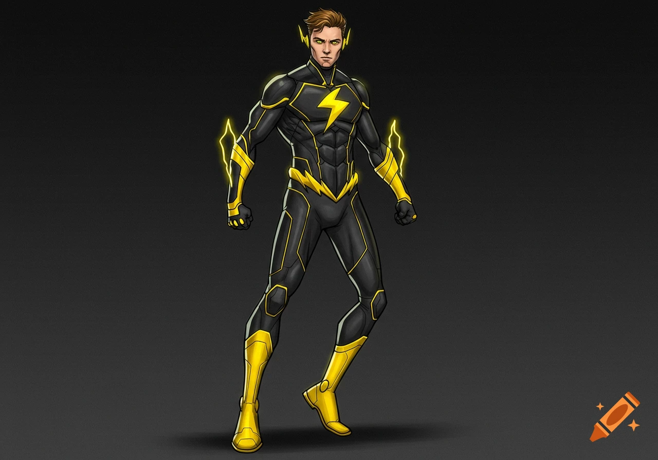Comic art of a male character in a black and yellow superhero suit with ...