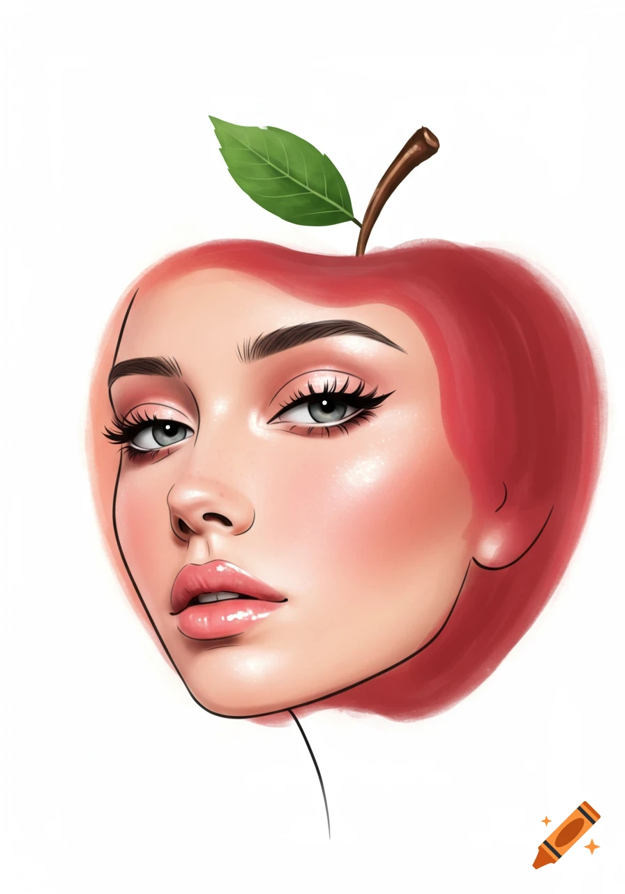Stylized illustration of a woman's face framed inside a red apple shape ...
