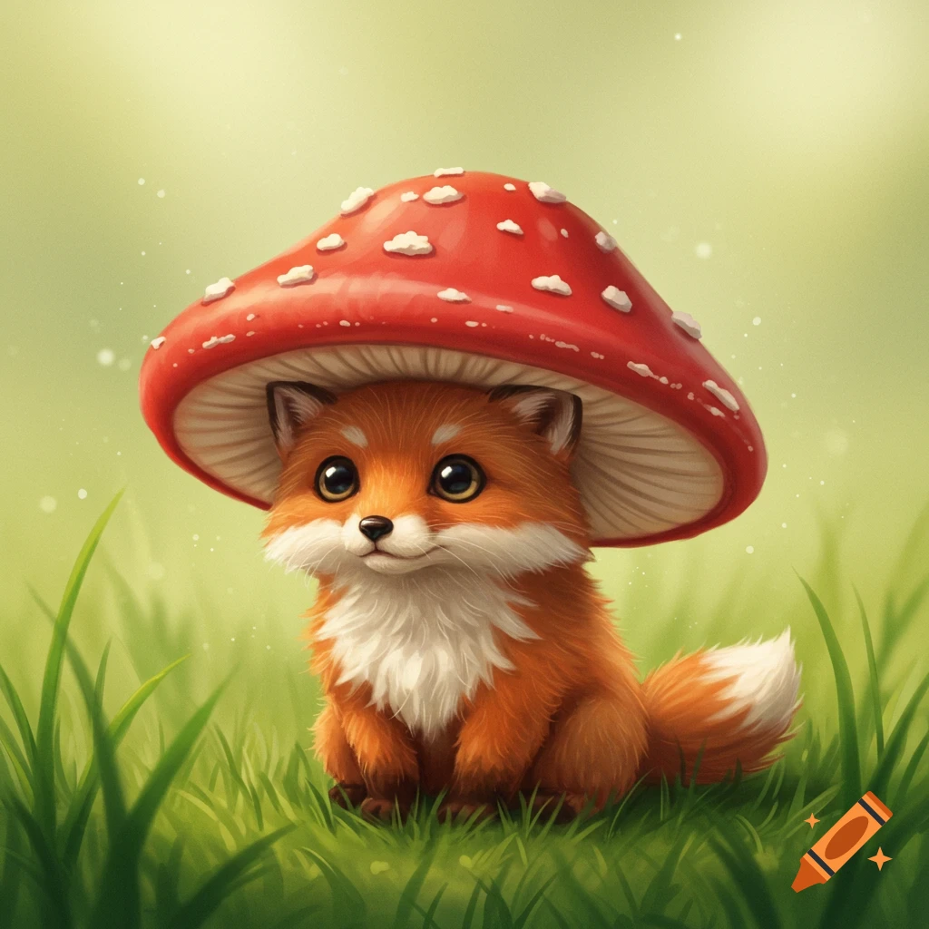 Cute Fox Wearing A Red Mushroom Hat Sitting In Grass On Craiyon