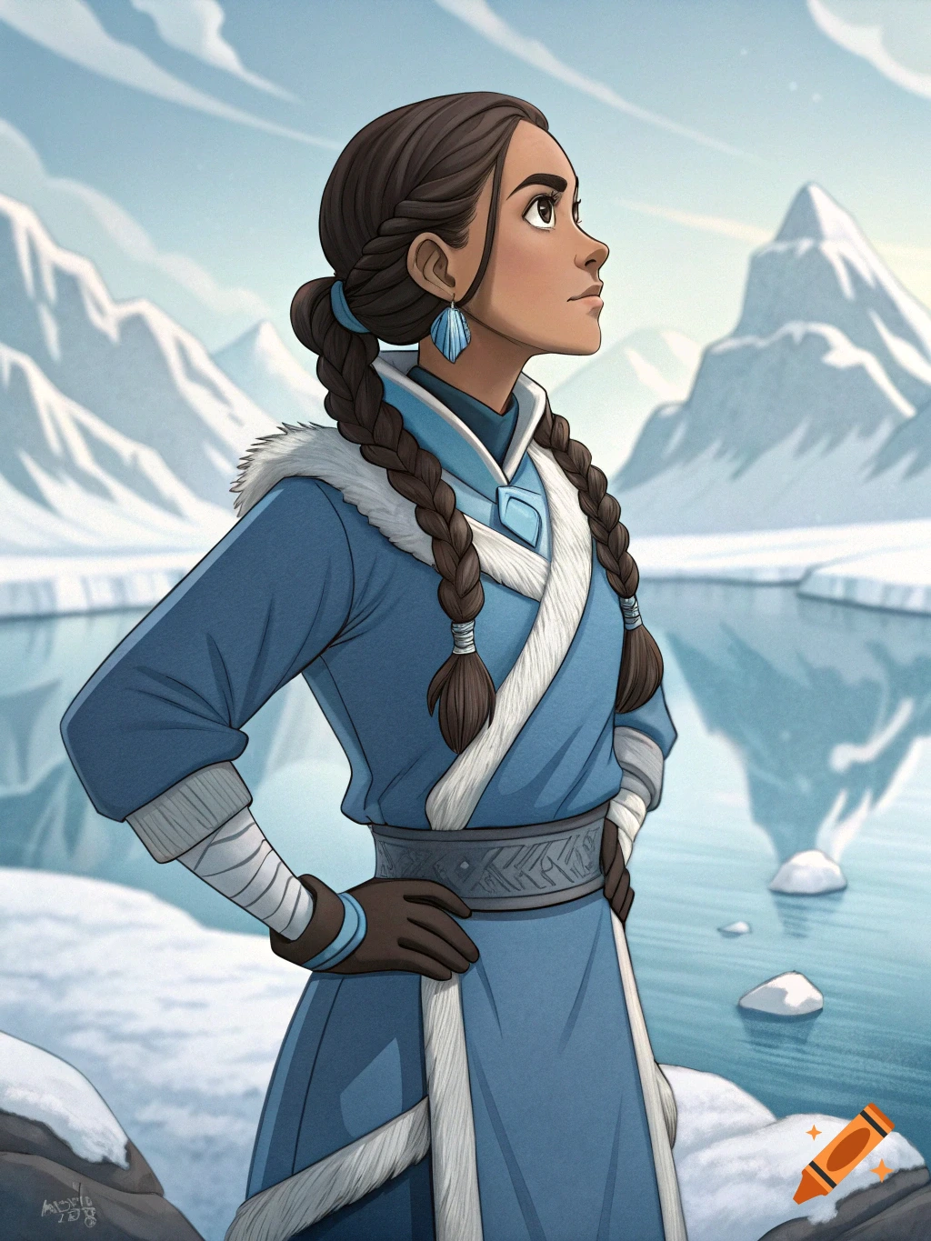 Katara in a blue coat stands in a snowy landscape with mountains and ...