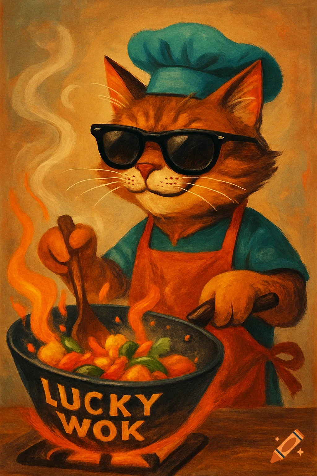 An anthropomorphic cat chef wearing sunglasses cooks in a wok. on Craiyon