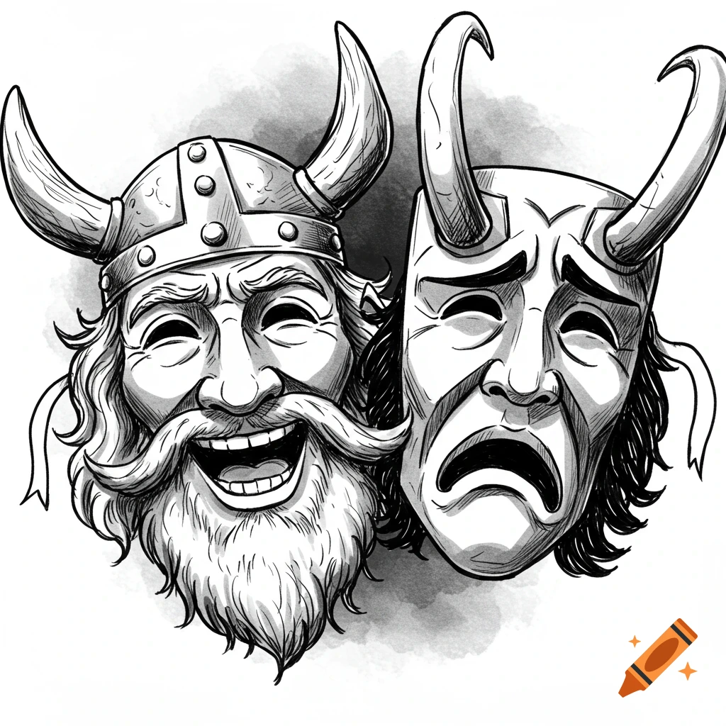 Black and white sketch of two masks: a laughing viking mask and a sad ...