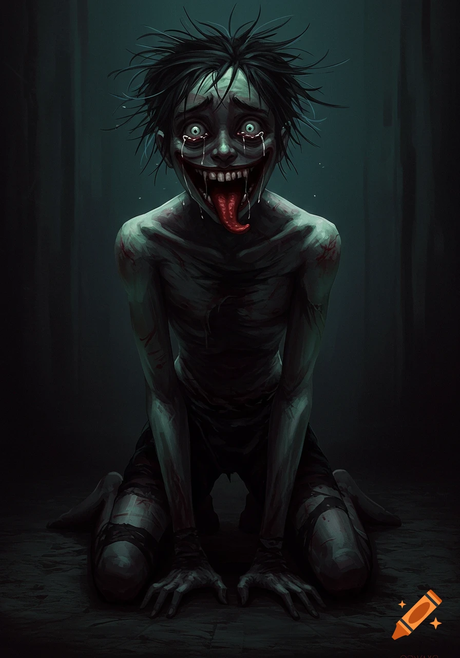 Creepy creature on knees in darkness, wide smile, tongue out, crying ...