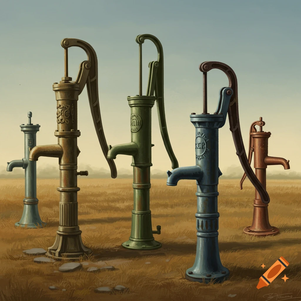 Painting of several different colored water pumps standing in a grassy ...