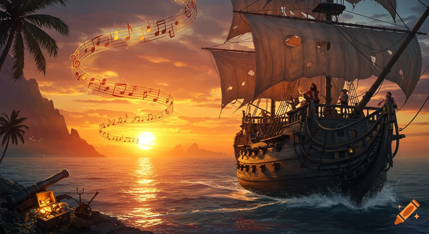 Pirate ship sails into sunset with music notes trailing behind ...