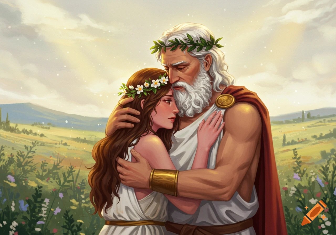 Illustration of Zeus and Persephone embracing in a sunlit field on Craiyon