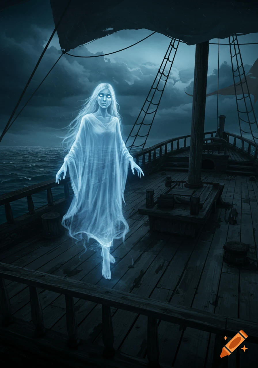 A glowing ghost figure stands on the deck of an old ship at night. on ...