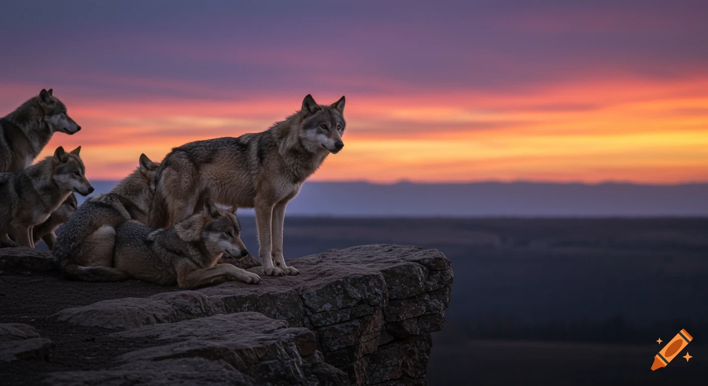 A pack of wolves stands and rests on a rocky cliff overlooking a ...