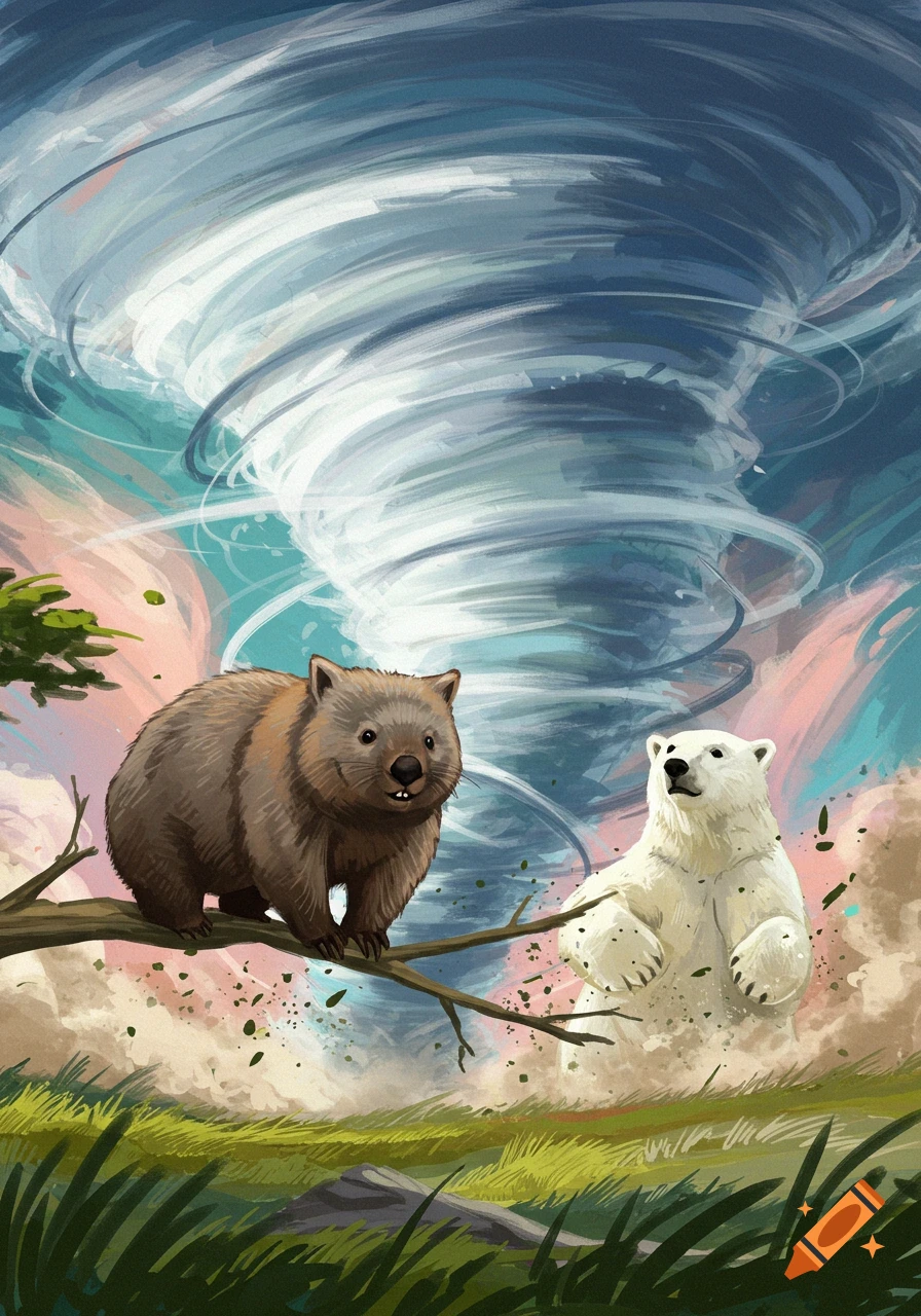 Illustration of a wombat on a branch and a polar bear caught in a large tornado. on Craiyon