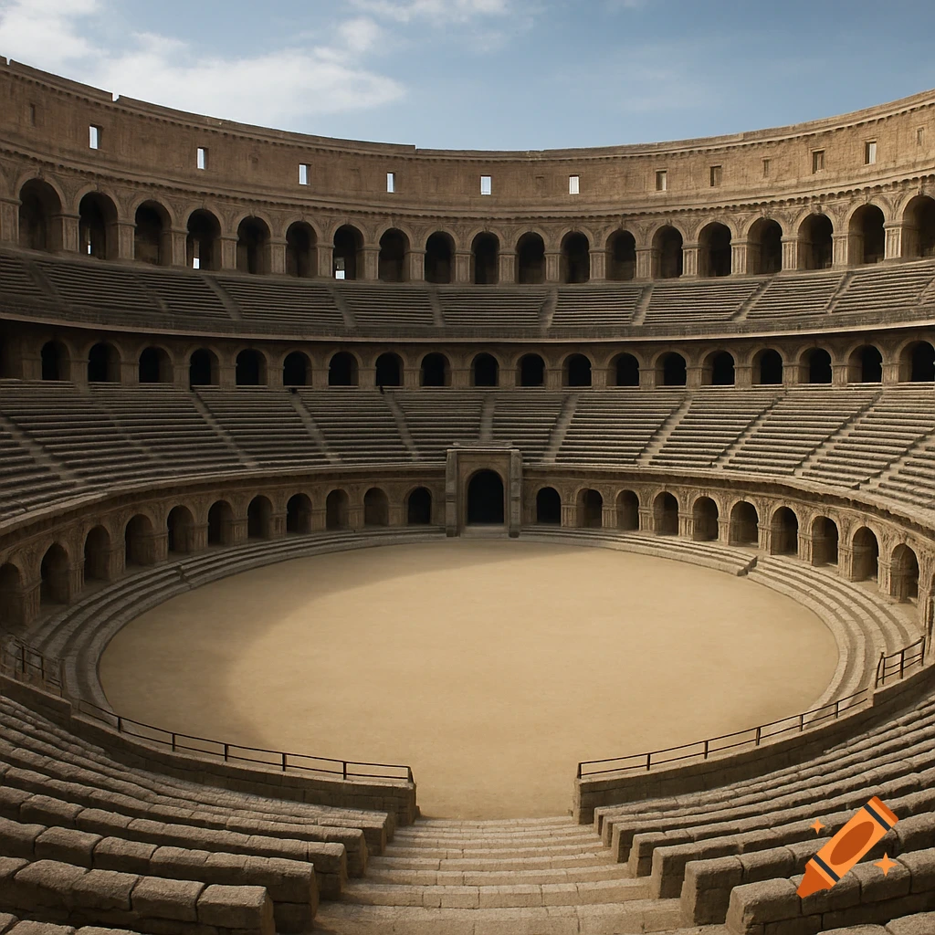 View of an empty ancient stone arena with tiered seating on Craiyon