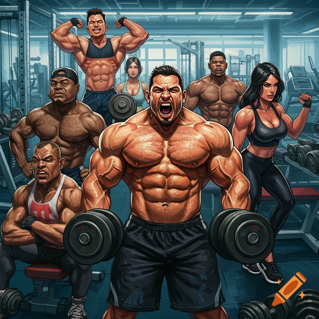 Group of muscular bodybuilders flexing in a gym, some lifting weights, cartoon style. on Craiyon