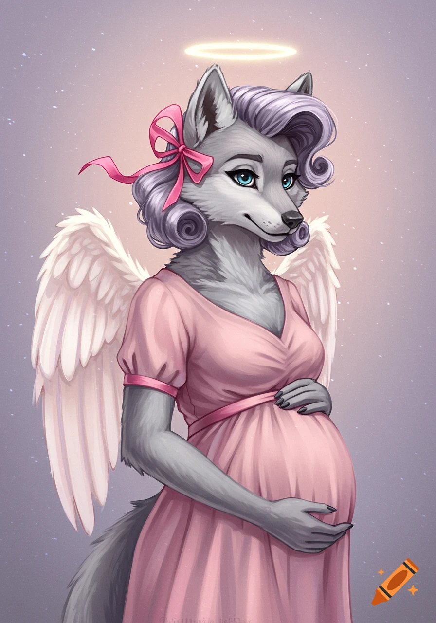 A pregnant anthropomorphic wolf angel in a pink dress with 1950s hair ...