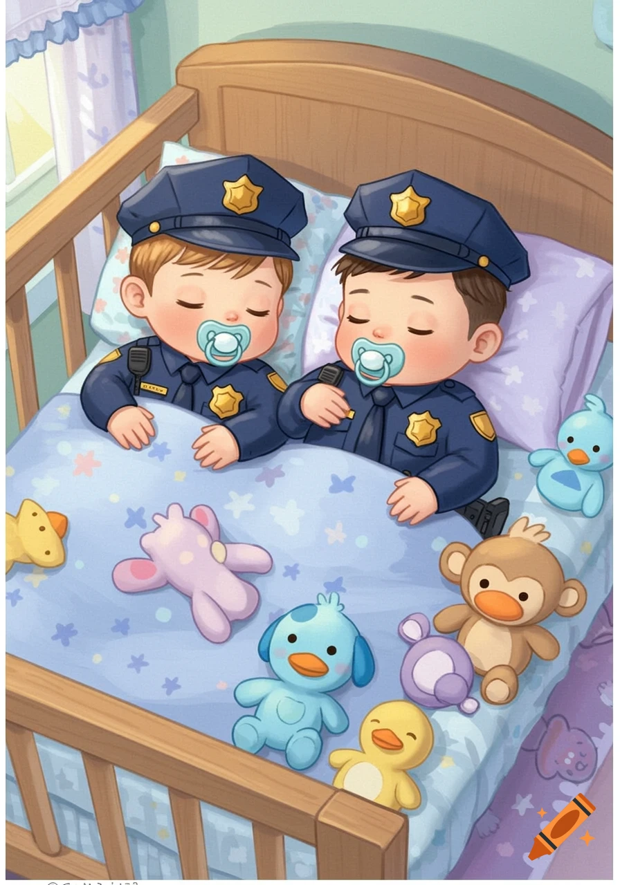 Cute illustration of two babies dressed as police officers sleeping in ...
