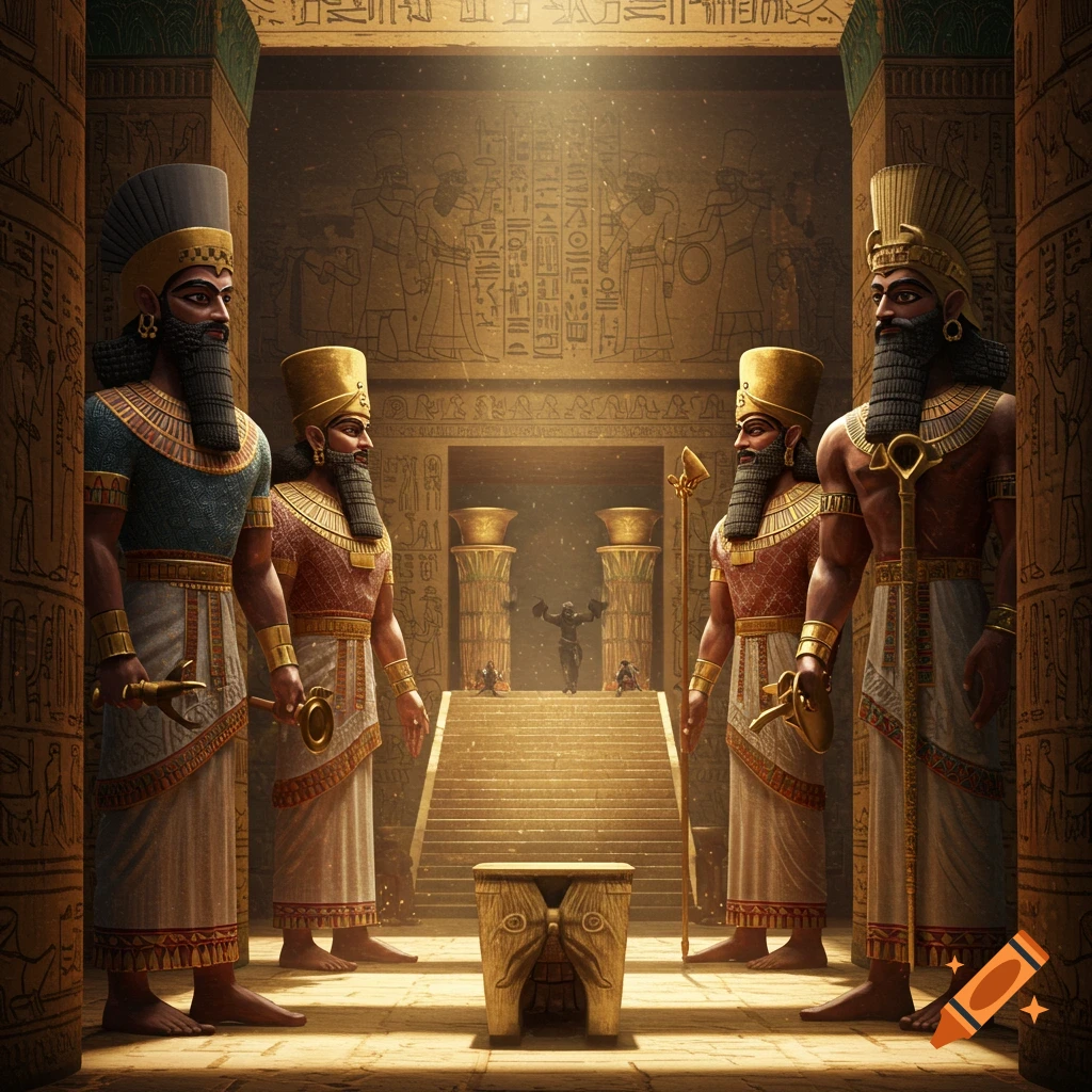 Four figures in ancient Sumerian attire stand inside a sunlit golden ...