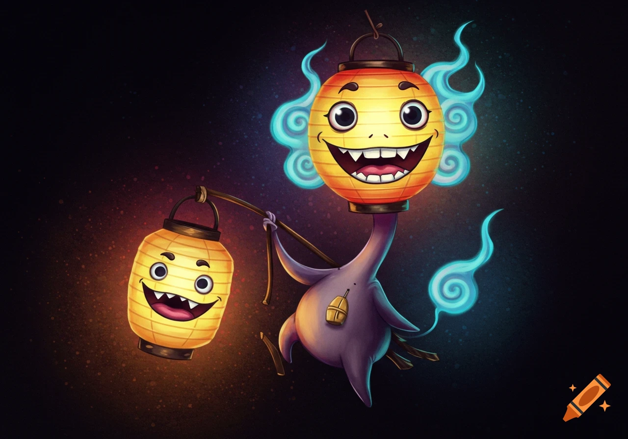 Cartoon illustration of a Japanese Chochin-obake Yokai carrying a ...