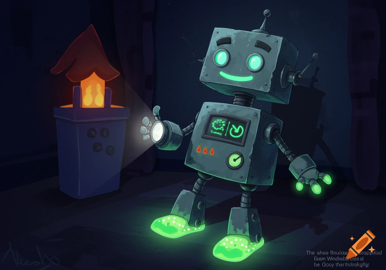 A cartoon robot with glowing green eyes, mouth, screen, feet, and hand ...