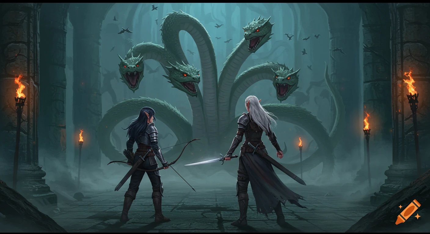 Two fantasy figures, one with a bow and one with a sword, face a multi ...