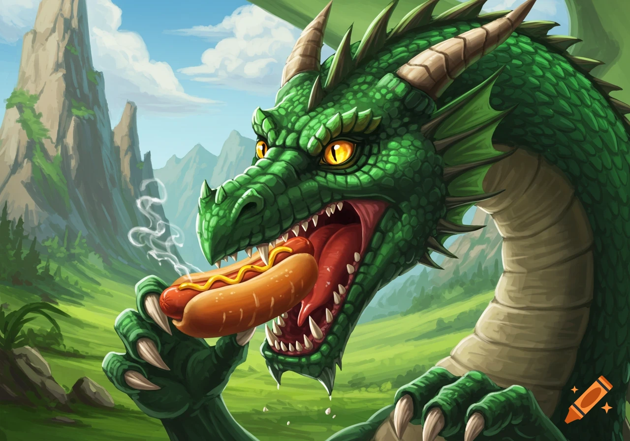 A green dragon eats a hot dog in a mountainous fantasy landscape. on ...
