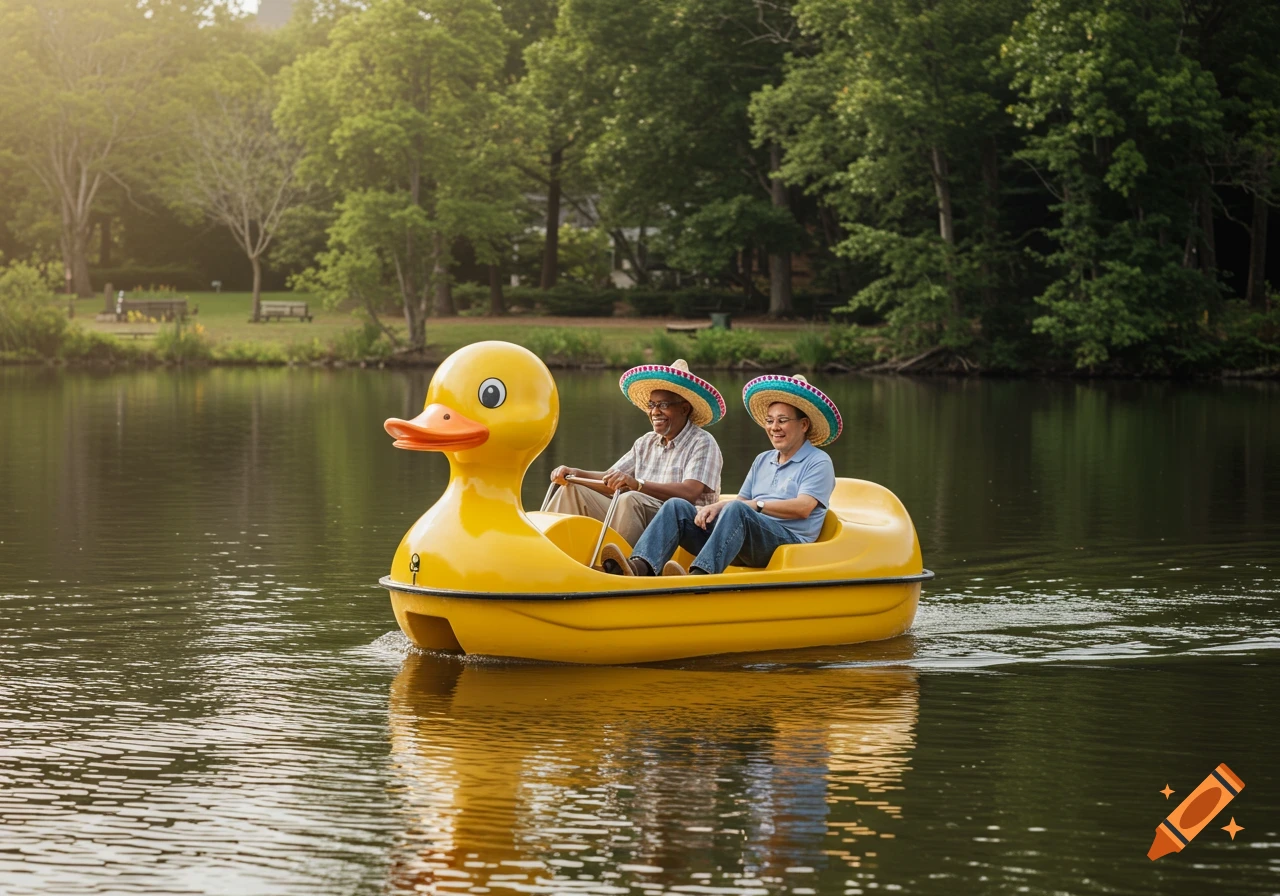Two smiling older men in sombreros paddle a yellow duck boat on a lake ...