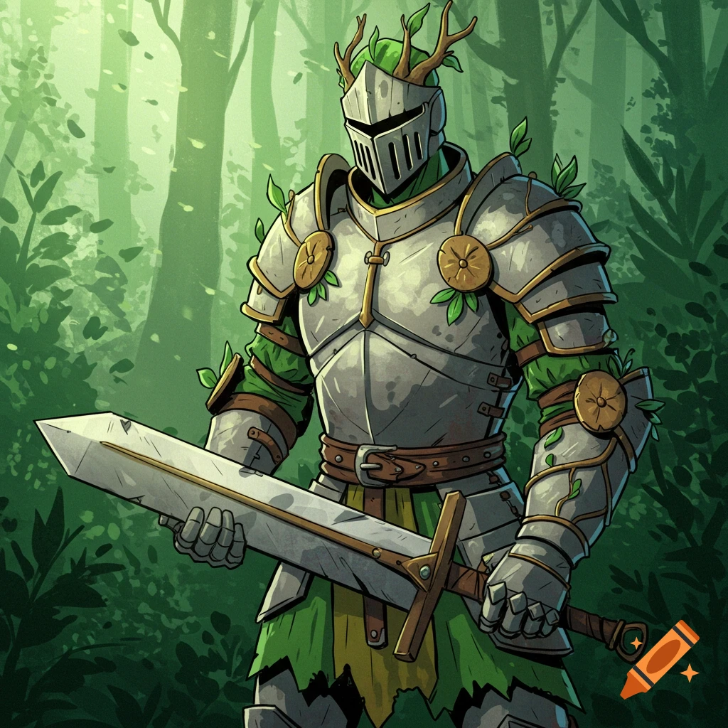 An illustration of a green knight in forest armor holding a sword in a ...