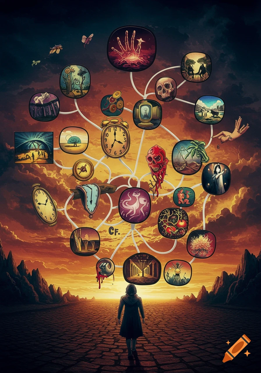 Surreal mind map illustration with symbols of time, mortality, and ...