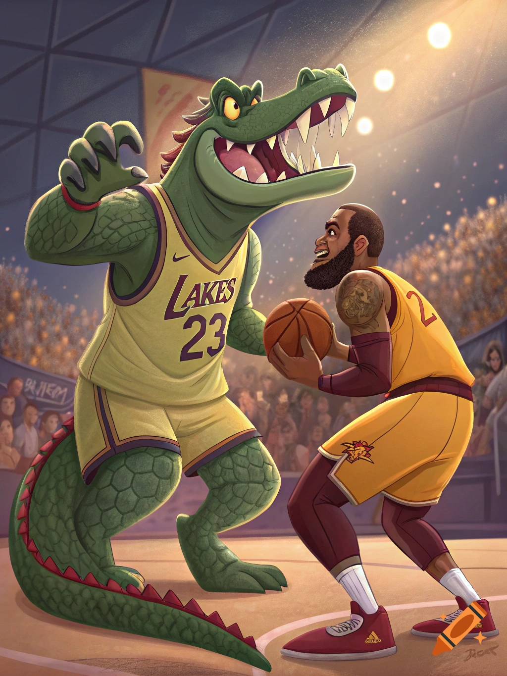 Illustration of a cartoon alligator in a basketball uniform playing ...
